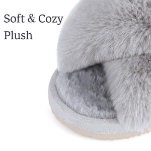 Comwarm Women's Cross Band Fuzzy Slippers Fluffy Open Toe House Slippers Cozy Plush Bedroom Shoes Indoor Outdoor, Grey Size 7-8