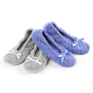 isotoner women's 2 pack mictroterry ballerina slipper with a satin bow, plush lining and suede sole, periwinkle quilted/ash solid, 9.5-10.5