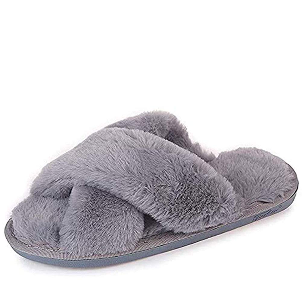 HUMIWA Gray Cross Slippers Fuzzy Fluffy Faux Fur House SPA Cute Open Toe Slippers for Women Girl/Women6-6.5 Men5.5-6