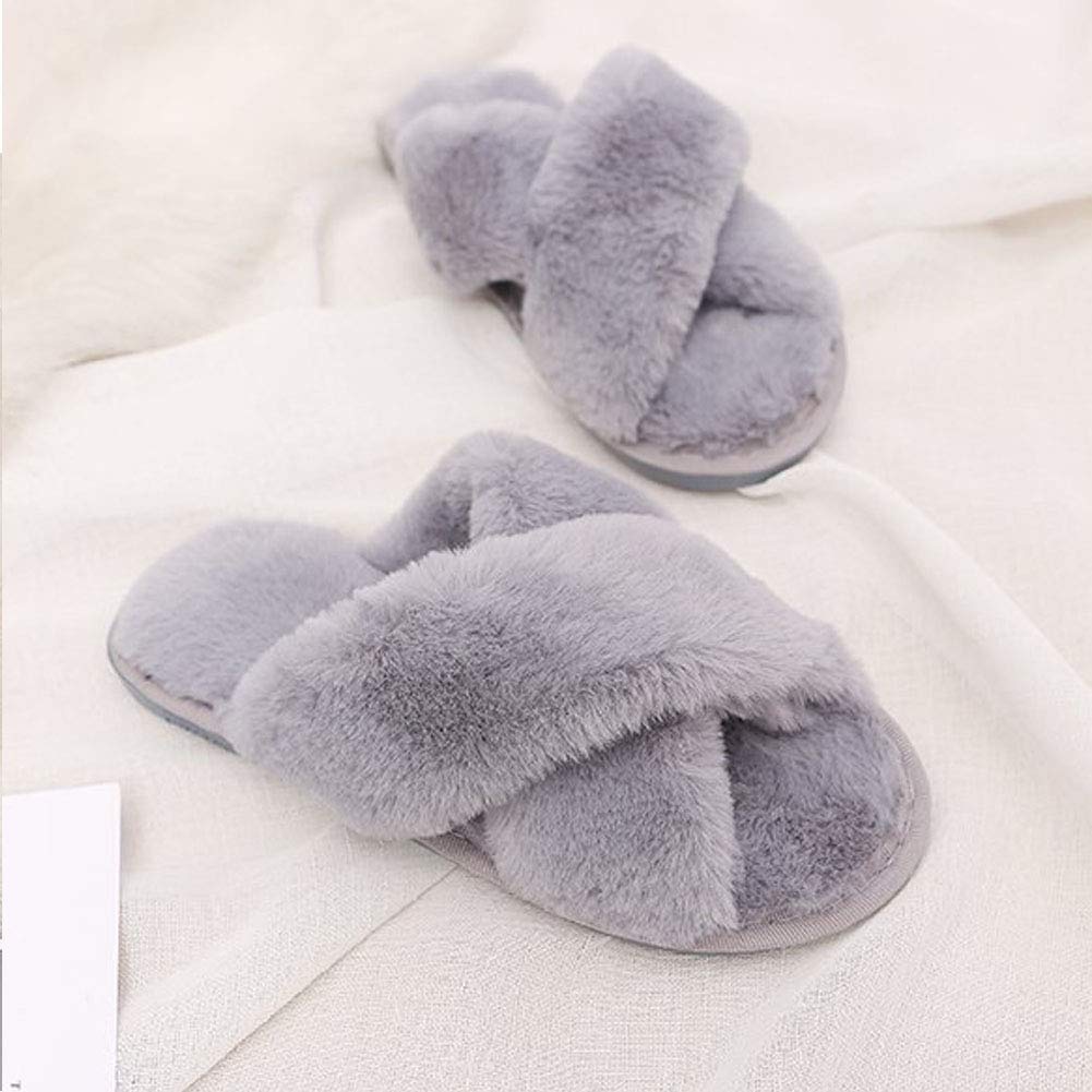 HUMIWA Gray Cross Slippers Fuzzy Fluffy Faux Fur House SPA Cute Open Toe Slippers for Women Girl/Women6-6.5 Men5.5-6