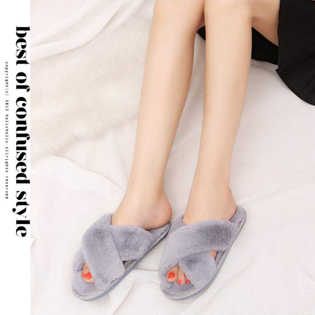 HUMIWA Gray Cross Slippers Fuzzy Fluffy Faux Fur House SPA Cute Open Toe Slippers for Women Girl/Women6-6.5 Men5.5-6