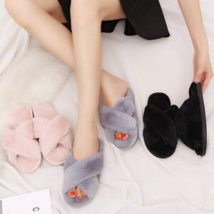 HUMIWA Gray Cross Slippers Fuzzy Fluffy Faux Fur House SPA Cute Open Toe Slippers for Women Girl/Women6-6.5 Men5.5-6