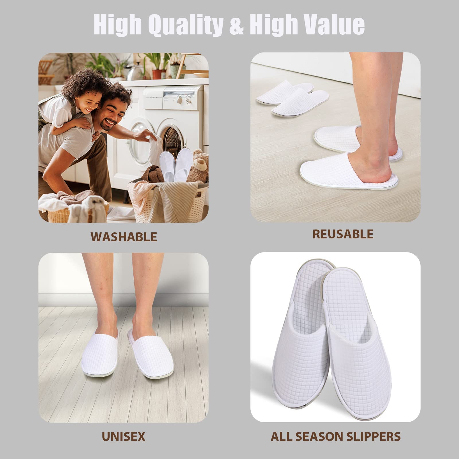 Anmerl Spa Slippers - 10 Pairs Comfy Unisex Slippers - Premium Bulk Disposable Hotel Slippers - Thick Cotton Velvet House Slippers for Guests Wedding Party Travel - Non Slip, Machine Washable, White