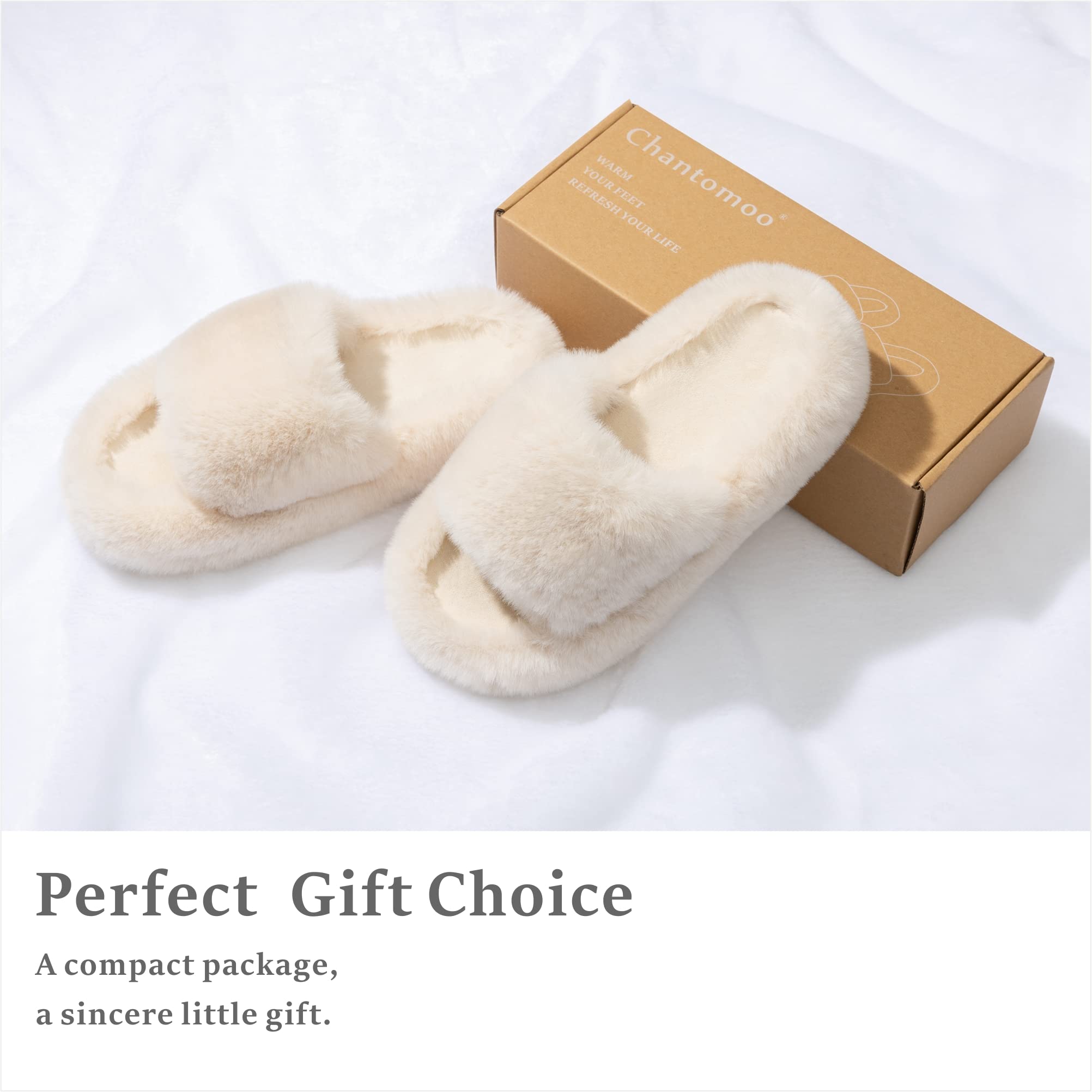 Chantomoo Women's Slippers Memory Foam House Bedroom Slippers for Women Fuzzy Plush Comfy Faux Fur Lined Slide Shoes Anti-Skid Sole Trendy Gift Slippers Beige Size7 8 6.5