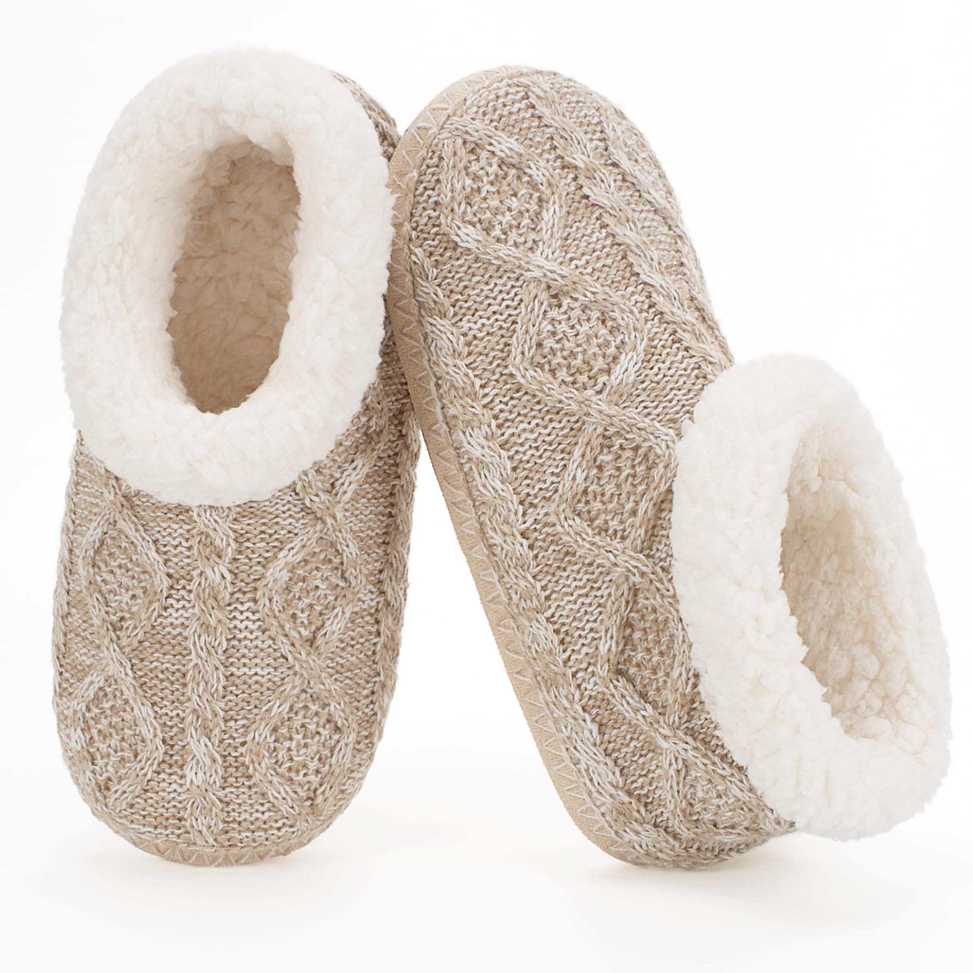 cosyone1997 Cable Knit House Slippers for Women Indoor, Sherpa Fleece Lined Soft Loafer Shoes, Winter Warm Fluffy Bedroom Fuzzy Socks Non-slip Grippers, Cozy Gifts Unique, Adult Size 7-8 Beige