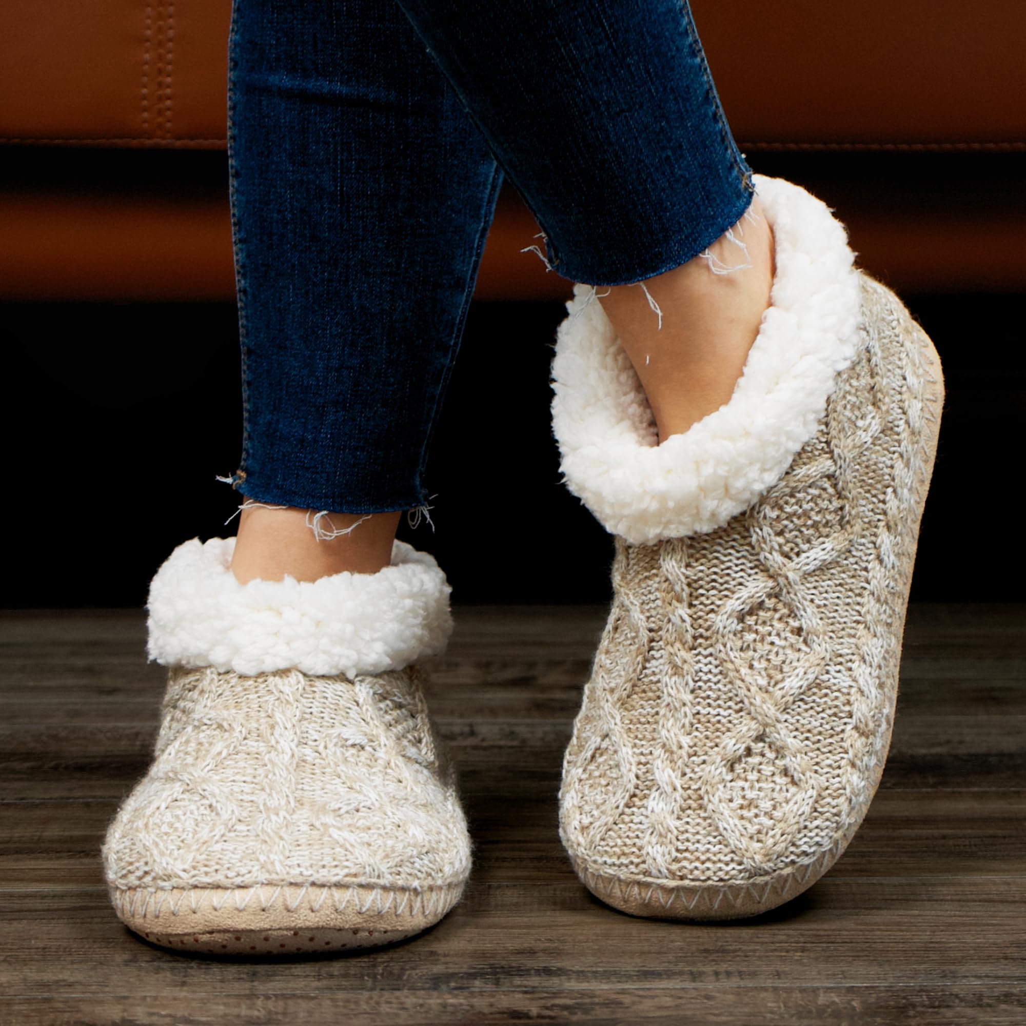 cosyone1997 Cable Knit House Slippers for Women Indoor, Sherpa Fleece Lined Soft Loafer Shoes, Winter Warm Fluffy Bedroom Fuzzy Socks Non-slip Grippers, Cozy Gifts Unique, Adult Size 7-8 Beige