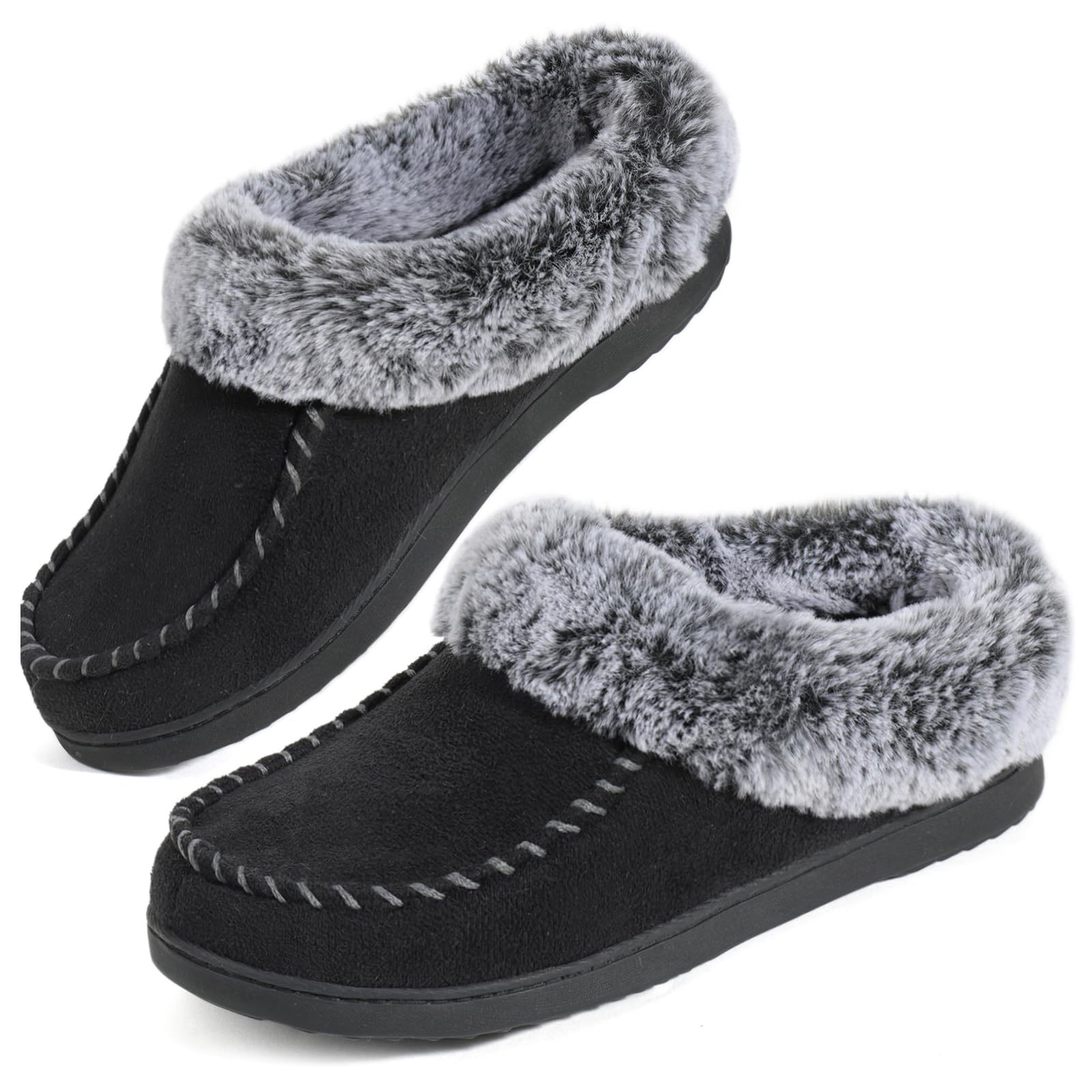 ULTRAIDEAS Women's Memory Foam House Slippers with Hard Bottom, Fur Lined House Shoes with Non-Slip Rubber Sole for Indoor & Outdoor (Black, 9-10)