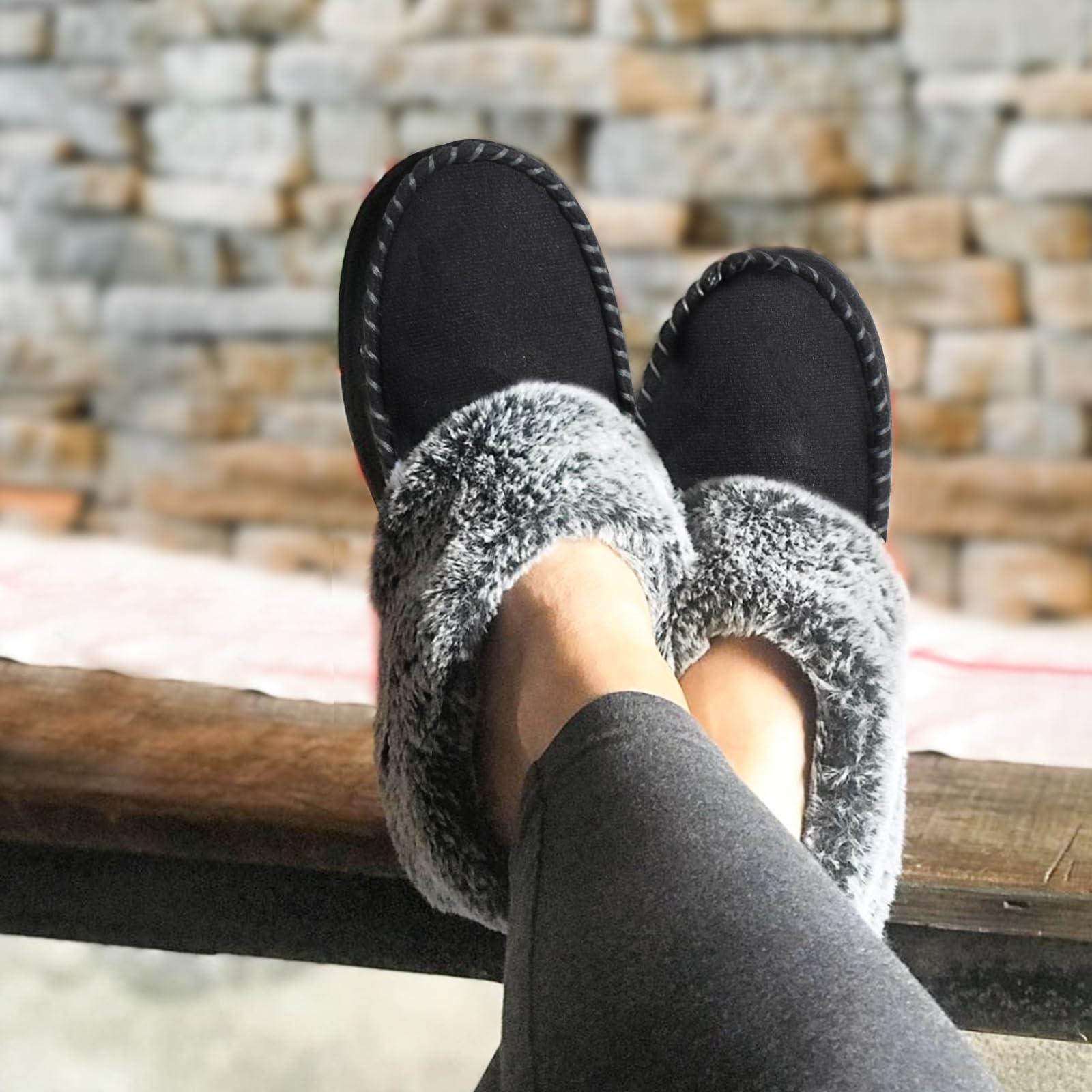 ULTRAIDEAS Women's Memory Foam House Slippers with Hard Bottom, Fur Lined House Shoes with Non-Slip Rubber Sole for Indoor & Outdoor (Black, 9-10)