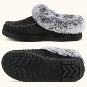 ULTRAIDEAS Women's Memory Foam House Slippers with Hard Bottom, Fur Lined House Shoes with Non-Slip Rubber Sole for Indoor & Outdoor (Black, 9-10)