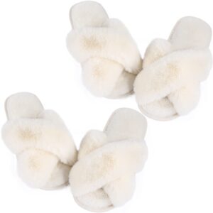 ankis white womens fuzzy slippers - 2pair cozy, soft, comfy, relax fluffy slippers, cross band, open toe, non-slip womens slippers, indoor and outdoor fluffy slippers