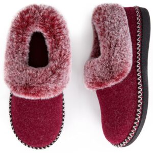 everfoams women's luxury wool memory foam slippers with fluffy faux fur collar and indoor outdoor sole (burgundy, size 7 m us)