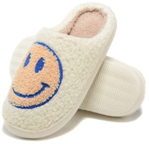 smile face slippers for women men warm non-slip comfortable home happy face slippers winter slides, blue, 7.5-8.5 women/7-8 men