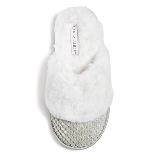 Laura Ashley Womens Plush Memory Foam Wide Collar Fleece Spa Scuff Slippers, Fuzzy Warm Faux Fur Slip On House Shoes Slipper, Nickle Green, Medium