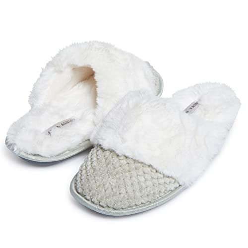 Laura Ashley Womens Plush Memory Foam Wide Collar Fleece Spa Scuff Slippers, Fuzzy Warm Faux Fur Slip On House Shoes Slipper, Nickle Green, Medium