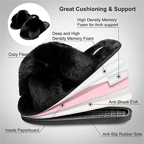 JIASUQI Cross Open Toe Fuzzy Fluffy House Slippers for Women Cozy Memory Foam Plush Criss Cross Furry Slides Slippers Black 8-9