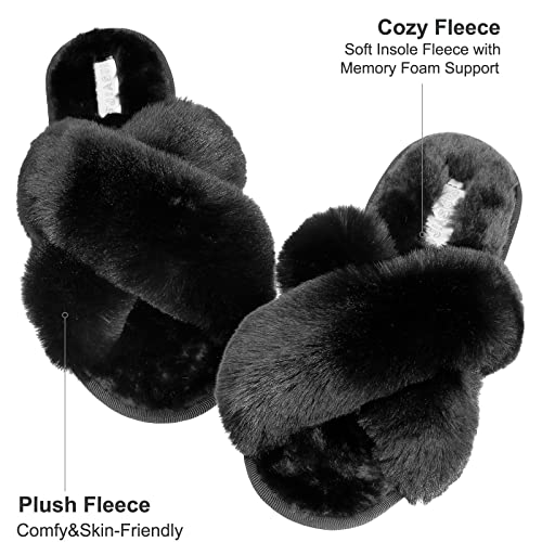 JIASUQI Cross Open Toe Fuzzy Fluffy House Slippers for Women Cozy Memory Foam Plush Criss Cross Furry Slides Slippers Black 8-9