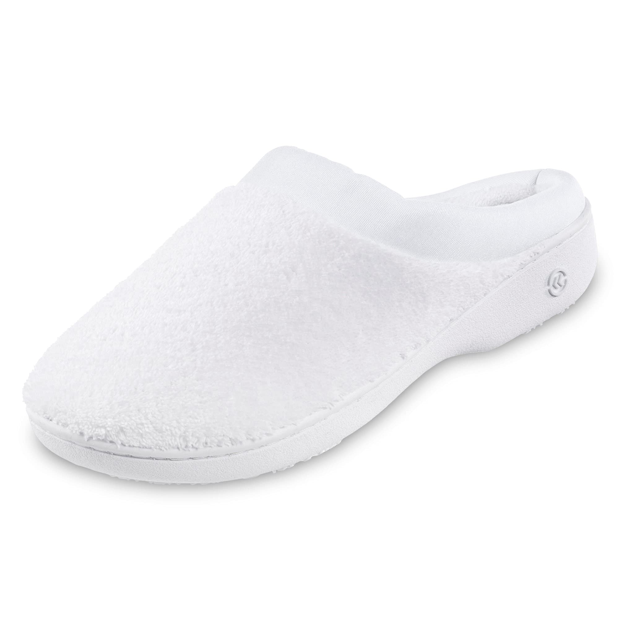 isotoner Women's Terry and Satin Slip On Cushioned Slipper with Memory Foam for Indoor/Outdoor Comfort, White, 7.5-8