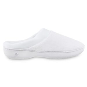 isotoner Women's Terry and Satin Slip On Cushioned Slipper with Memory Foam for Indoor/Outdoor Comfort, White, 7.5-8