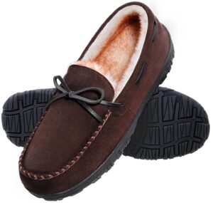 shoeslocker men's slippers warm soft plush memory foam house slippers for men comfortable bedroom moccasin slippers non-slip indoor outdoor brown size 14