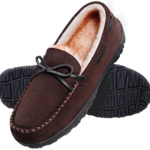 shoeslocker Men's Slippers Warm Soft Plush Memory Foam House Slippers for Men Comfortable Bedroom Moccasin Slippers Non-Slip Indoor Outdoor Brown Size 14