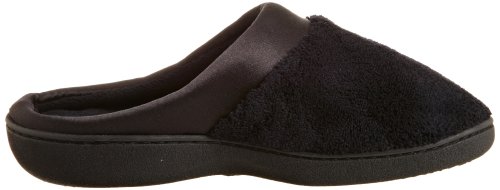 isotoner Women's Microterry PillowStep Satin Cuff Clog Slippers, Black, 7.5-8 B(M) US