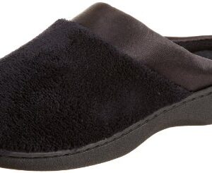 isotoner Women's Microterry PillowStep Satin Cuff Clog Slippers, Black, 7.5-8 B(M) US