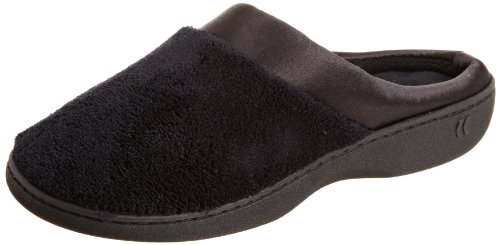 isotoner Women's Microterry PillowStep Satin Cuff Clog Slippers, Black, 7.5-8 B(M) US