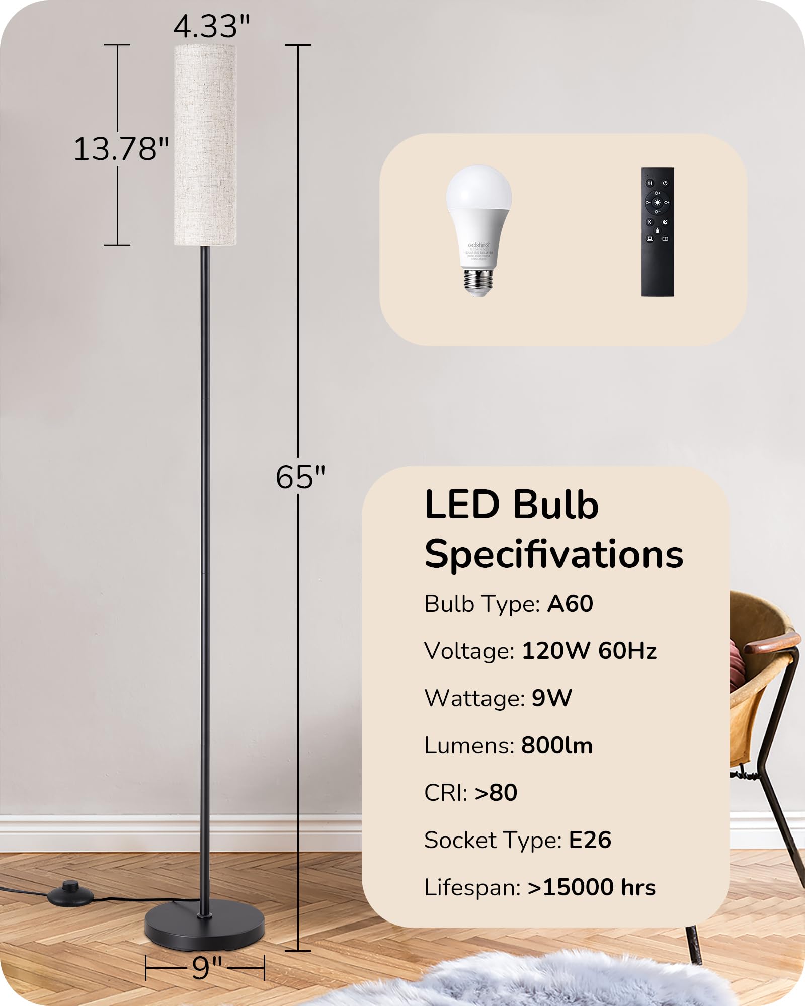 EDISHINE LED Corner Floor Lamp for Living Room, 65" Standing Tall Reading Lamp with Remote, Minimalist Dimmable Pole Lighting for Bedroom, Office, Kids Room, Bulb Included, 2700K-6000K (Black)