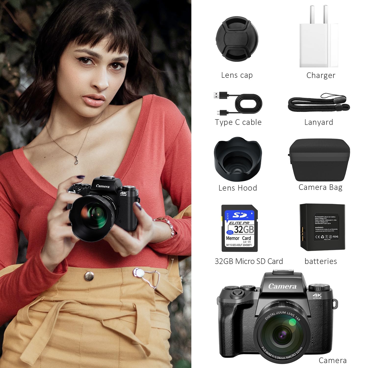 Saneen Digital Camera, 4k Cameras for Photography & Video, 64MP WiFi Touch Screen Vlogging Camera for YouTube with Flash, 32GB SD Card, Lens Hood, 3000mAH Battery, Front and Rear Cameras - Black