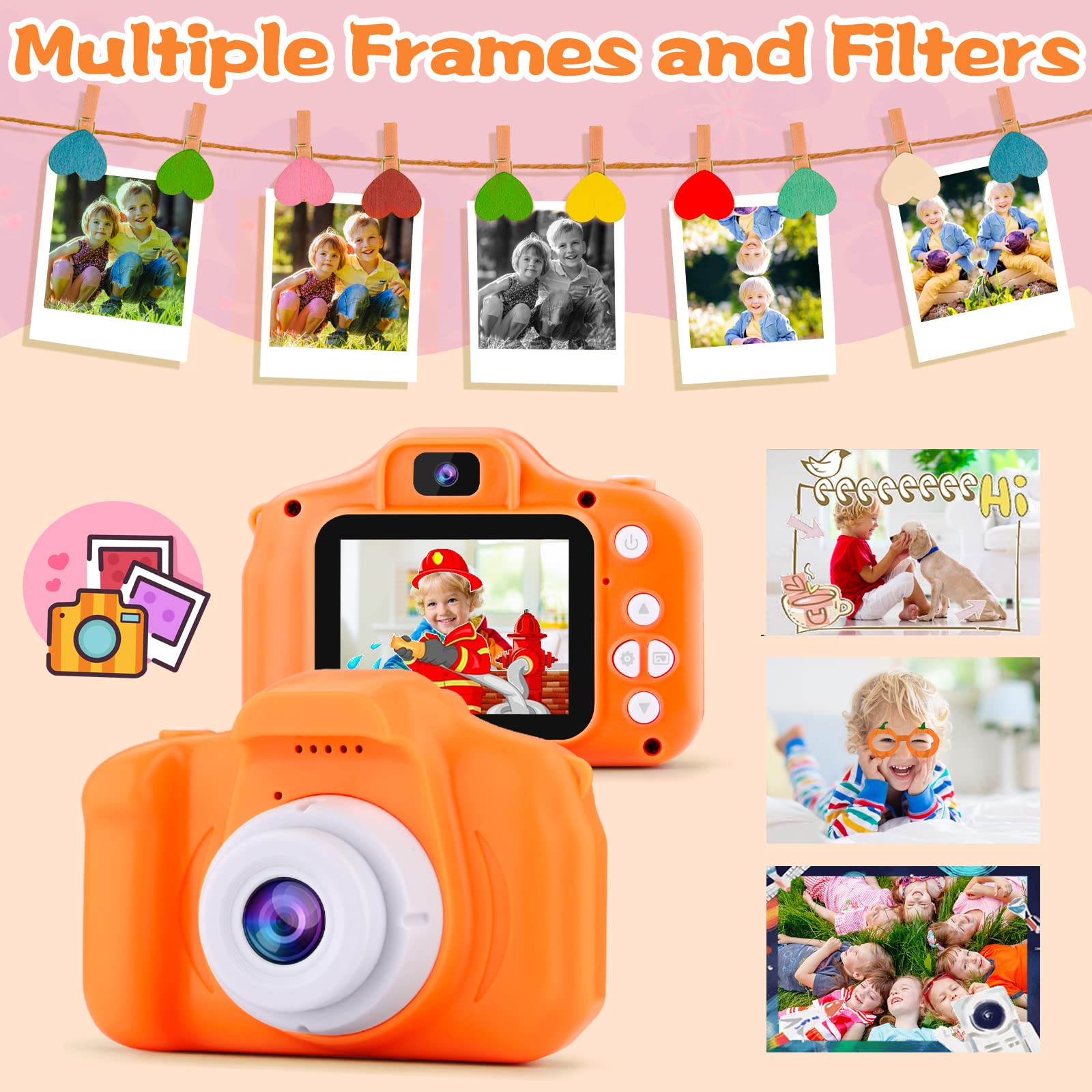 PROGRACE Kids Camera for Boys Girls - Dual Selfie Mini Children Camera Age 3 4 5 6 7 8 9 Year Old Kids Camcorder Birthday 𝗚𝗶𝗳𝘁 for Girls Boys Toy Camera for Kids Video Camera Recorder Orange