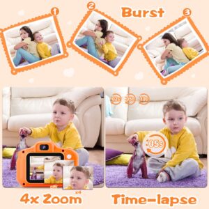 PROGRACE Kids Camera for Boys Girls - Dual Selfie Mini Children Camera Age 3 4 5 6 7 8 9 Year Old Kids Camcorder Birthday 𝗚𝗶𝗳𝘁 for Girls Boys Toy Camera for Kids Video Camera Recorder Orange