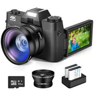 justfx 4k digital camera,vlogging camera with wifi for youtube,autofocus 16x zoom 48mp cameras photography 64gb sd card,wide angle & macro lens,2 batteries,180°flip screen,black