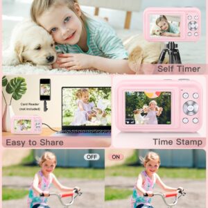 Digital Camera, FHD 1080P Kids Camera with Neck Lanyard 32GB Card Battery, Anti-Shake 16X Digital Zoom, 44MP Point Shoot Cameras, Compact Portable Small Gift Camera for Kid Teen Student Girl Boy(Pink)