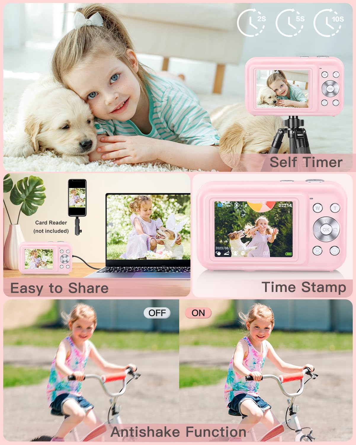 Digital Camera, FHD 1080P Kids Camera with Neck Lanyard 32GB Card Battery, Anti-Shake 16X Digital Zoom, 44MP Point Shoot Cameras, Compact Portable Small Gift Camera for Kid Teen Student Girl Boy(Pink)