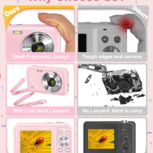 Digital Camera, FHD 1080P Kids Camera with Neck Lanyard 32GB Card Battery, Anti-Shake 16X Digital Zoom, 44MP Point Shoot Cameras, Compact Portable Small Gift Camera for Kid Teen Student Girl Boy(Pink)