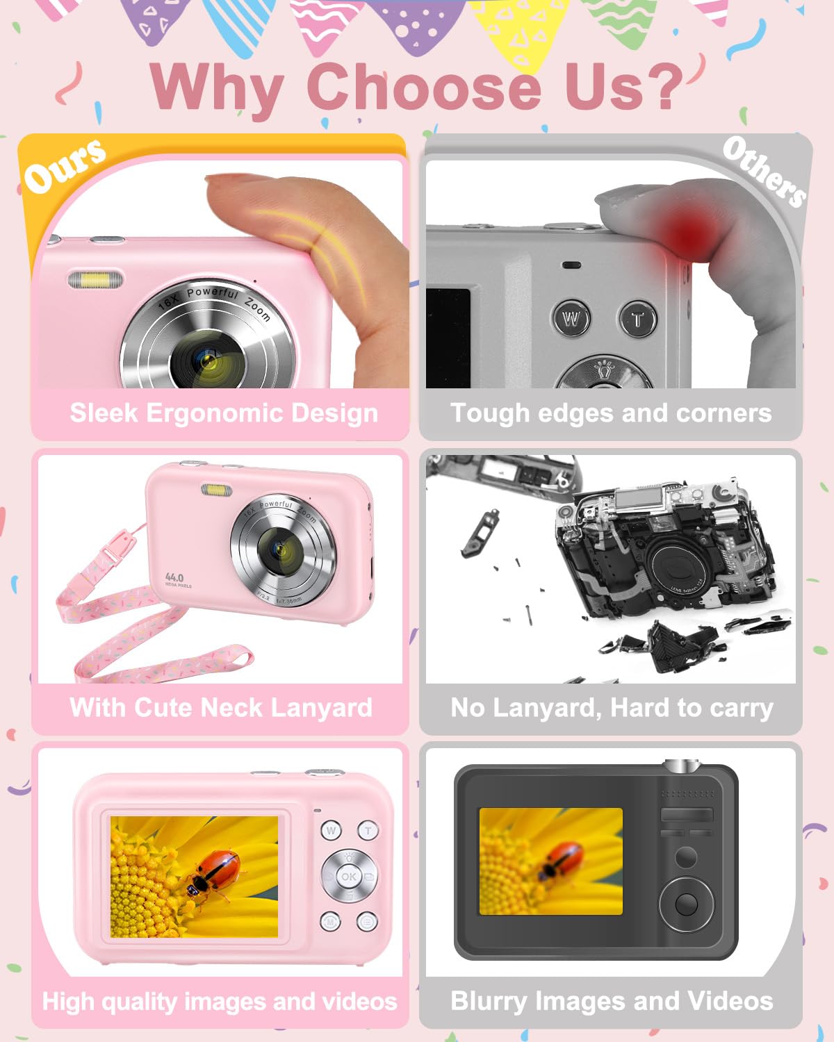 Digital Camera, FHD 1080P Kids Camera with Neck Lanyard 32GB Card Battery, Anti-Shake 16X Digital Zoom, 44MP Point Shoot Cameras, Compact Portable Small Gift Camera for Kid Teen Student Girl Boy(Pink)