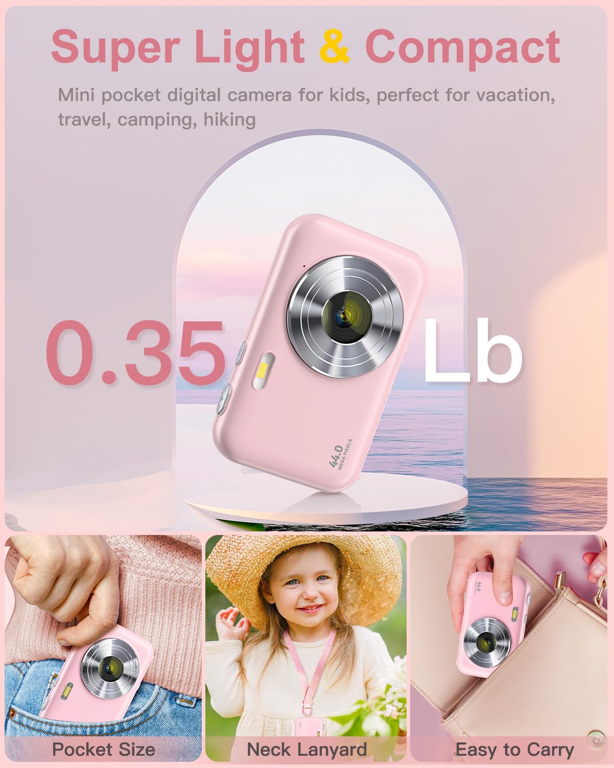 Digital Camera, FHD 1080P Kids Camera with Neck Lanyard 32GB Card Battery, Anti-Shake 16X Digital Zoom, 44MP Point Shoot Cameras, Compact Portable Small Gift Camera for Kid Teen Student Girl Boy(Pink)