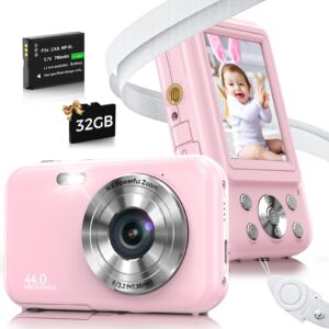 digital camera, fhd 1080p 44mp kids camera for photography with 32gb card, 16x zoom point and shoot digital camera with fill light, anti-shake compact small camera for teens boys girls (pink)