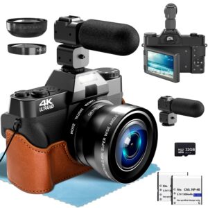 4k digital camera for photography with external adjustable microphone, 48mp vlogging camera for youtube and video, 52mm wide angle & macro lens, with 180° flip screen,18x digital zoom, 2 batteries, 32