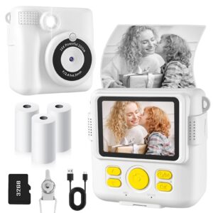 instant print camera for kids with 3 rolls of printer paper, 1080p toddler digital camera toys for age 3-12 with 32gb sd card, christmas & birthday gifts for 3 4 5 6 7 8 year old girls & boys (white)