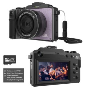 oiexi 48mp camera for photography,4k digital camera for kids and adults with front and rear dual cameras,18x digital zoom,built-in 7 color filters,32gb tf card,rechargeable battery(lilac violet)