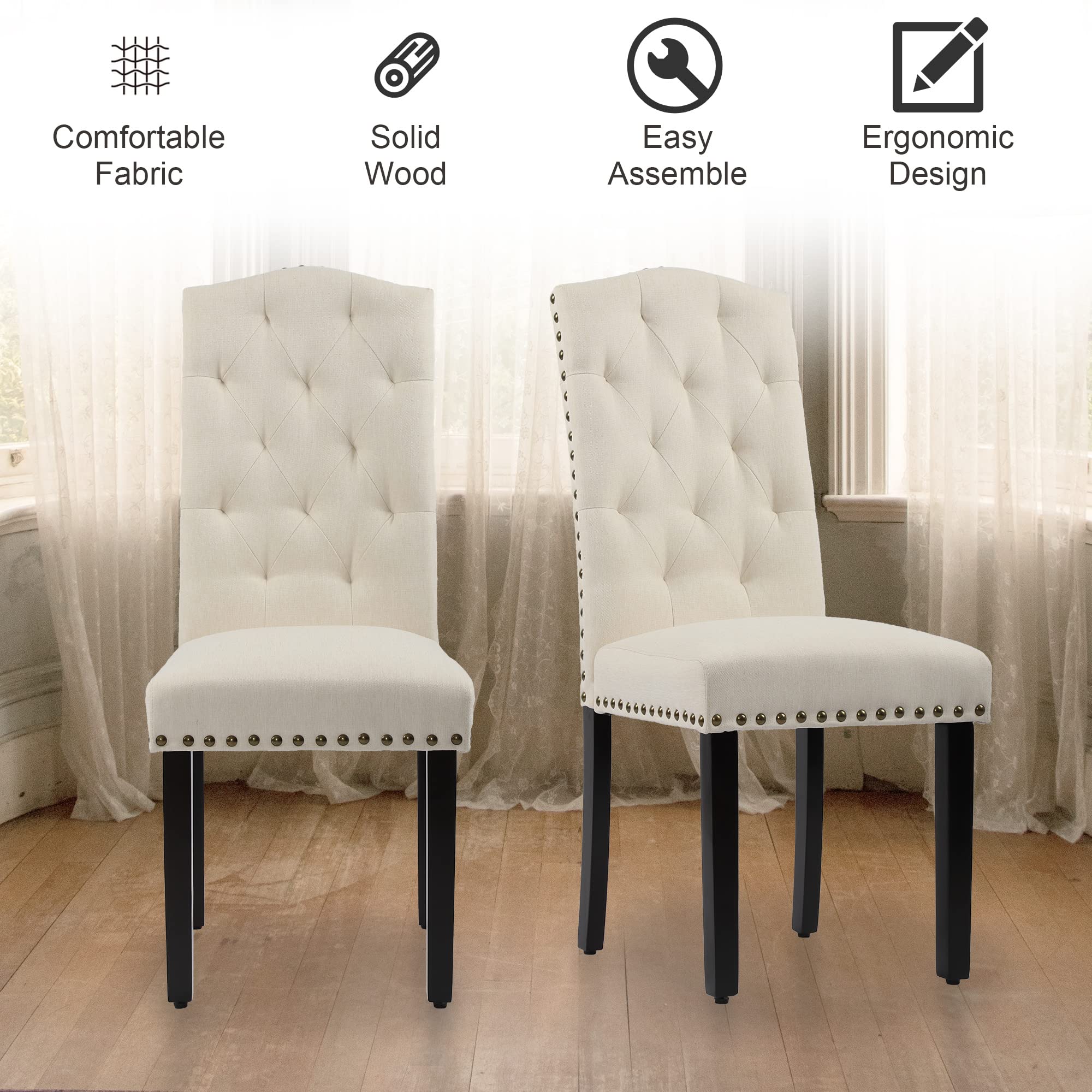 DAGONHIL Dining Chair Set of 2 Upholstered Dining Room chairs,Armless Kitchen Chair with Black Solid Wood Legs for Home Kitchen Living Room（Beige）