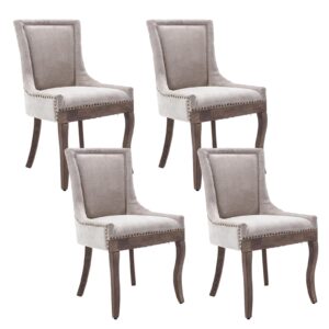 aoowow fabric vintage upholstered side chairs set of 4, farmhouse solid wood kitchen dining room chairs with nailheads legs (fabric beige)