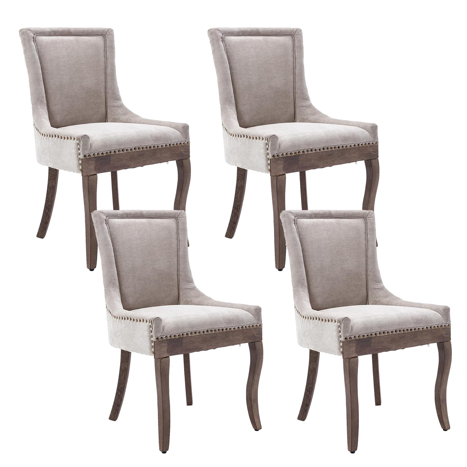 Aoowow Fabric Vintage Upholstered Side Chairs Set of 4, Farmhouse Solid Wood Kitchen Dining Room Chairs with Nailheads Legs (Fabric Beige)