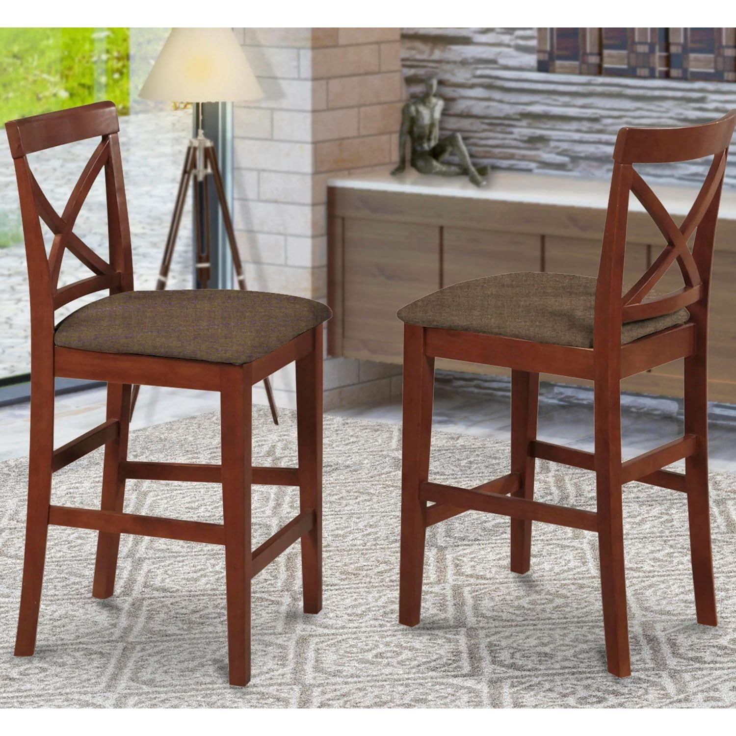 East West Furniture Pub Counter Stool-Linen Fabric Bar Height Dining Chairs, Set of 2, PBS-BRN-C