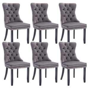 virabit tufted dining chairs set of 6, velvet upholstered dining chairs with nailhead back and ring pull trim, solid wood dining chairs for kitchen/bedroom/dining room (grey)