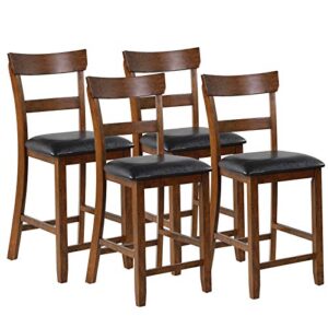 costway barstools set of 4, 25.5-inch counter height chair with backrest, foam-padded cushion, rubber wood legs, wooden vintage dining chair for bistro, living room, kitchen, brown and black