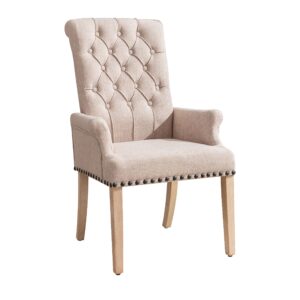 restworld dining room chairs with arms,tufted upholstered high back nailed trim with untique oak wood legs for kitchen restaurant room bedroom ivory brown