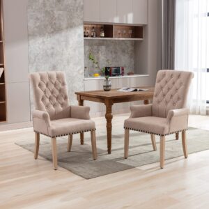 Restworld Dining Room Chairs with Arms,Tufted Upholstered High Back Nailed Trim with Untique Oak Wood Legs for Kitchen Restaurant Room Bedroom Ivory Brown