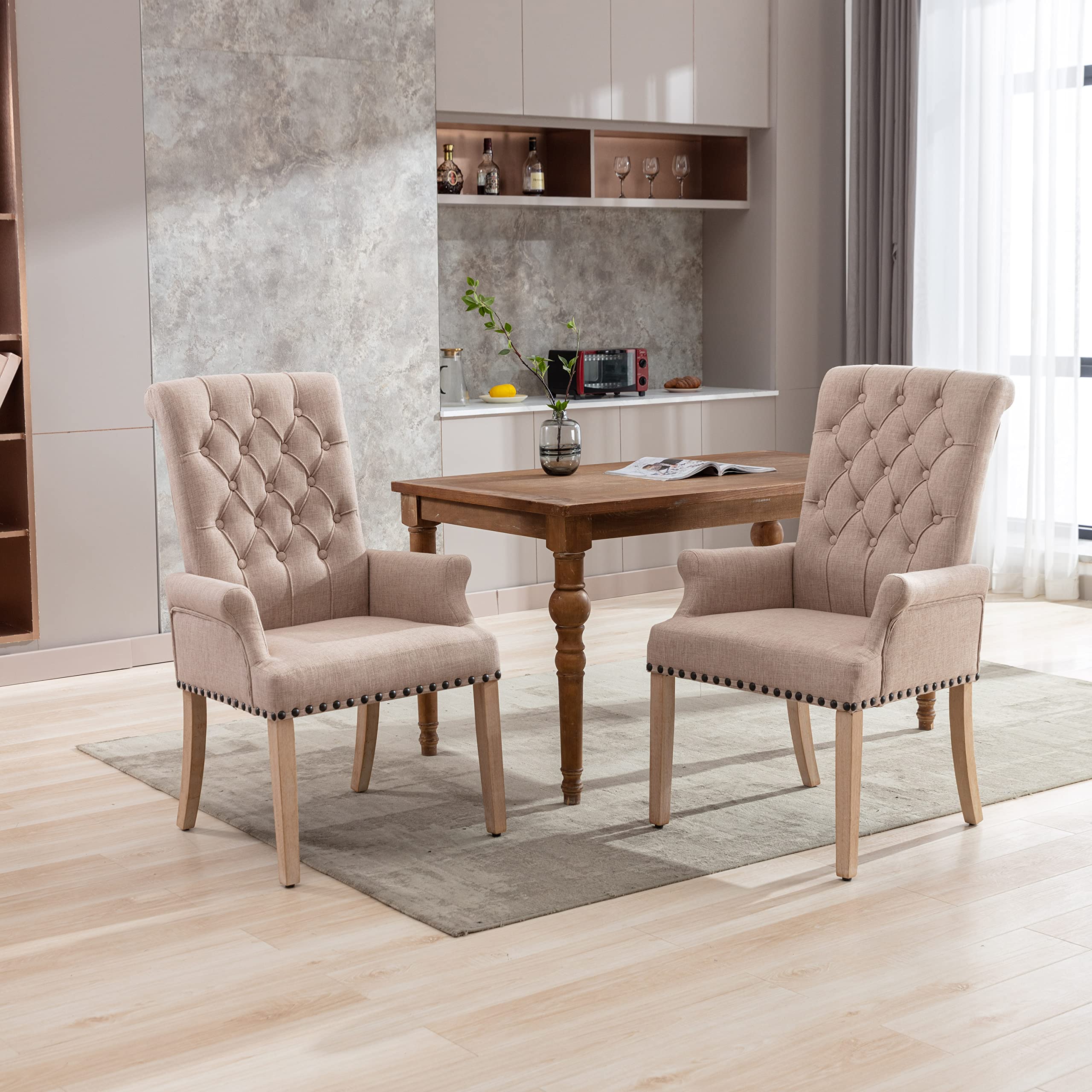 Restworld Dining Room Chairs with Arms,Tufted Upholstered High Back Nailed Trim with Untique Oak Wood Legs for Kitchen Restaurant Room Bedroom Ivory Brown